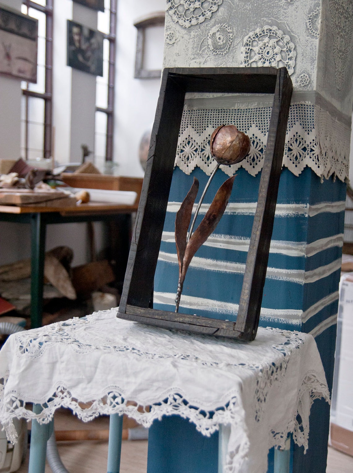 Forged Copper Tulip in Wood Frame Metal Flower Wall Sculpture - Etsy