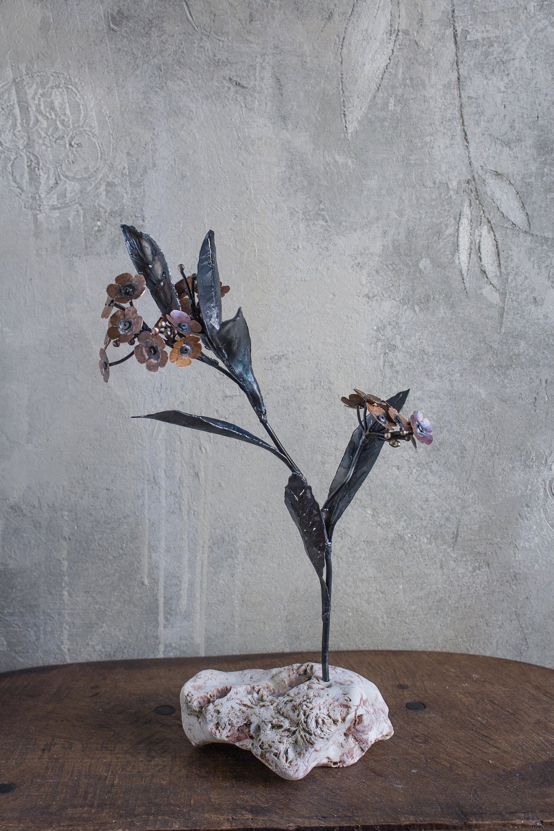 Мetal Flower on Stone, Forget-me-not Stalk, Twig Steel and Copper ...