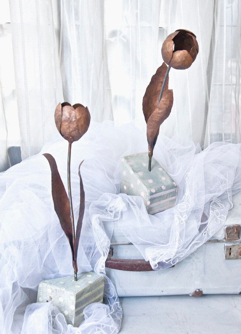 Unfading Metal Flower Copper Tulip Sculpture on Wooden Base - Etsy