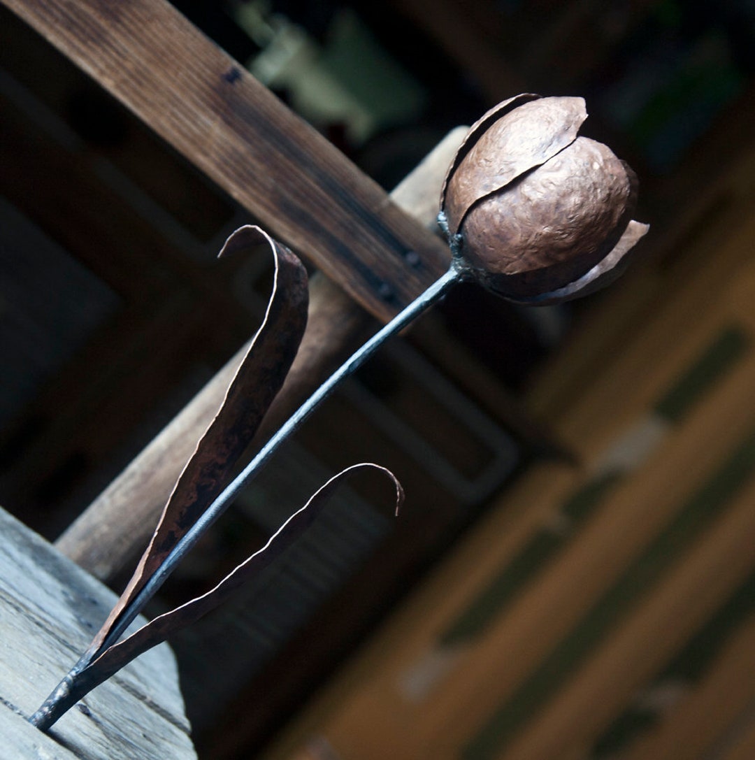 Metal Sculpture Copper Tulip on Stone Base Forged Welded Metal Flower ...