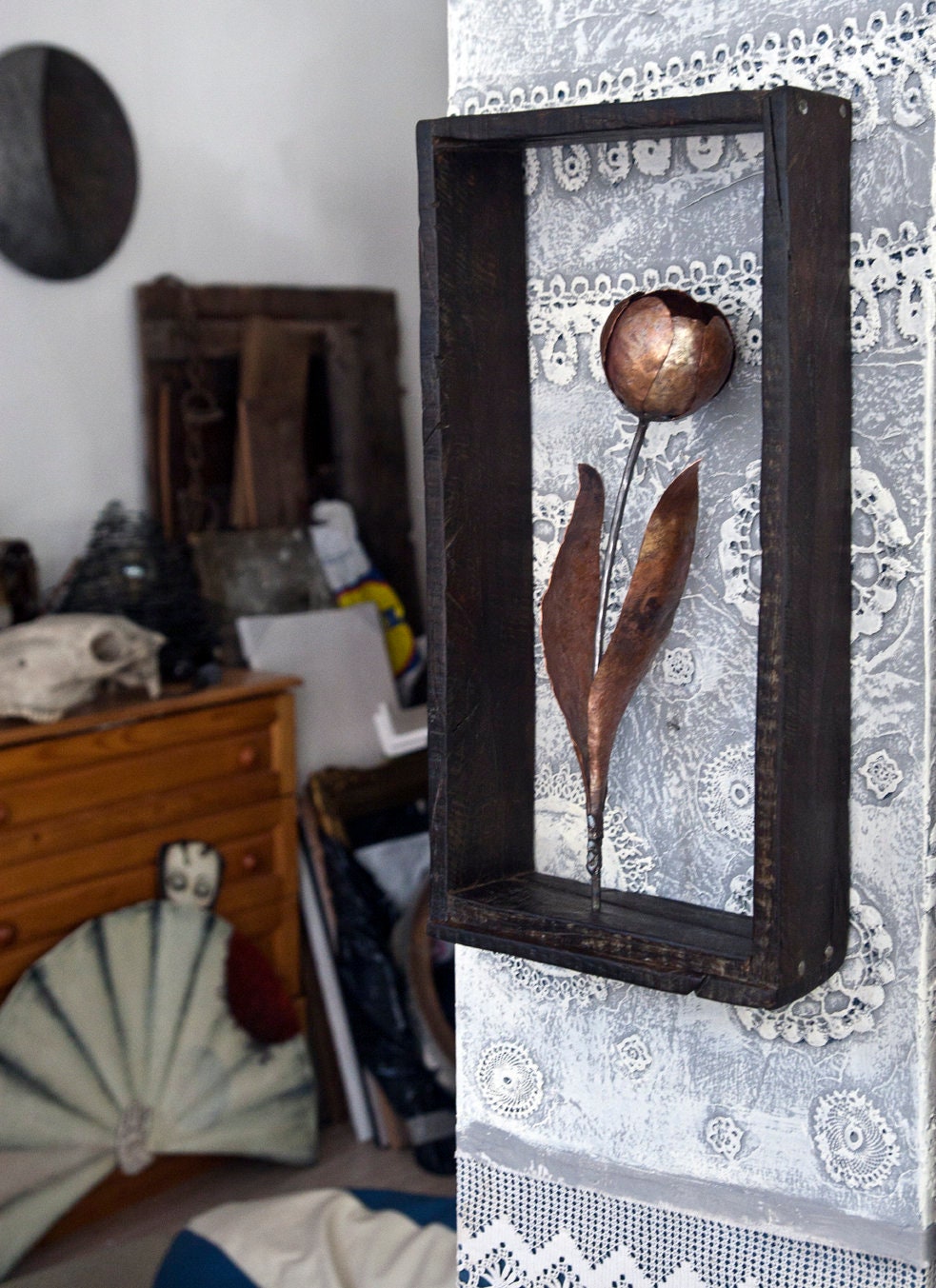 Forged Copper Tulip in Wood Frame Metal Flower Wall Sculpture - Etsy