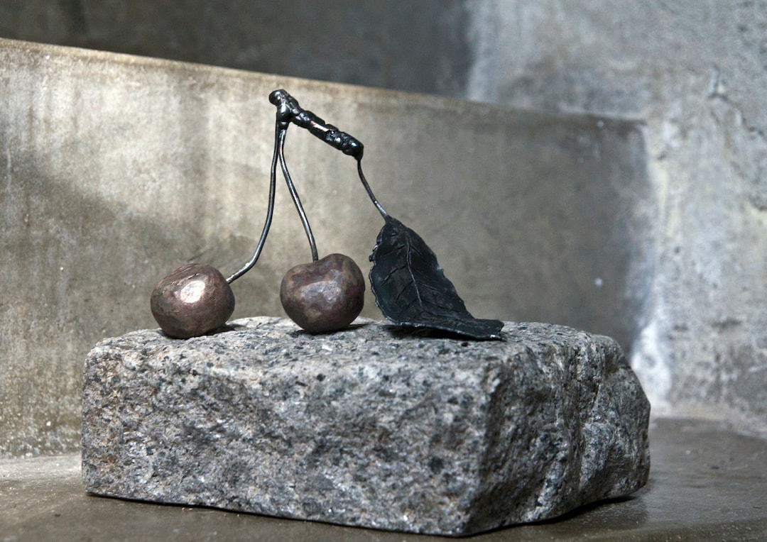 Stunning Paperweight Metal Cherries on Stone Base, Sculpture, Door or ...