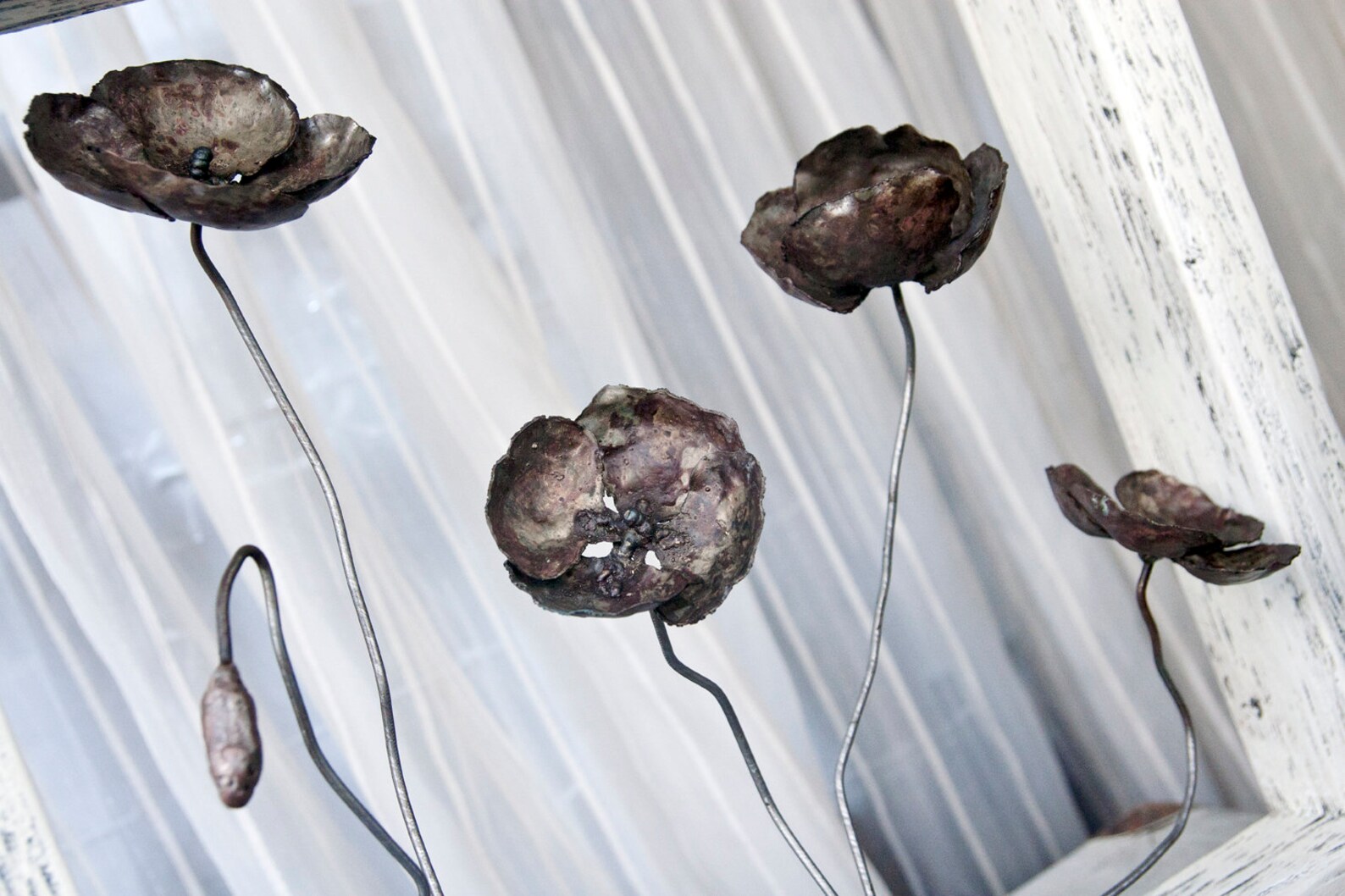 Poppies Wall Sculpture, Metal Flowers in Wood Frame, by the Steel Style ...