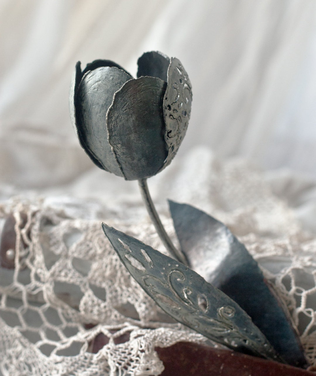 White Metal Tulip, Iron Flower With Metal Lace, Original Art by the ...