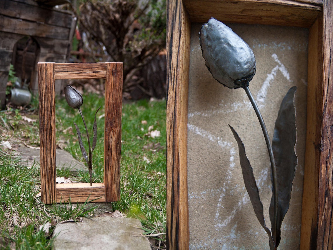 Metal Tulip in Wood Frame Wrought Iron Flower 3d Wall Decor - Etsy