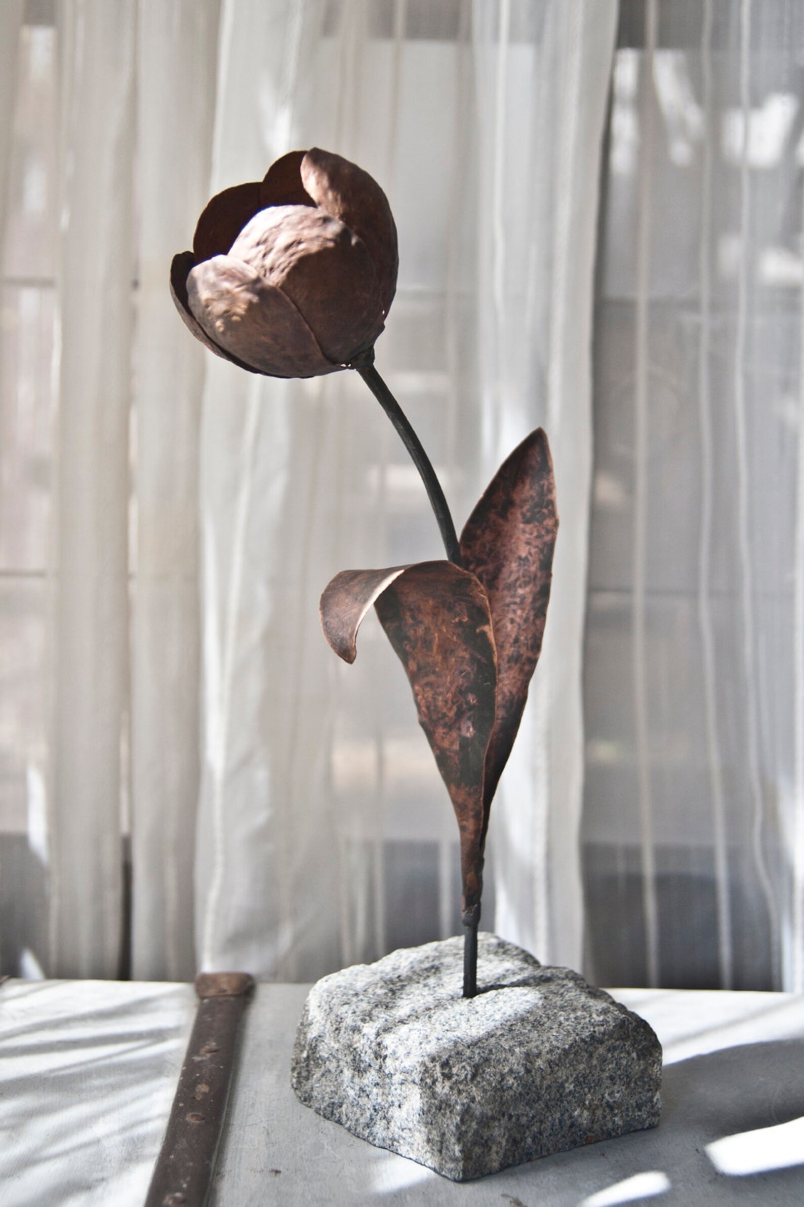 Metal Sculpture Copper Tulip on Stone Base Forged Welded Metal - Etsy