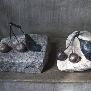 Stunning Paperweight Metal Cherries on Stone Base, Sculpture, Door or ...