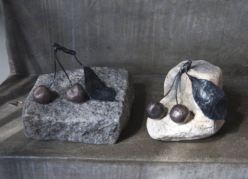 Stunning Paperweight Metal Cherries on stone base sculpture | Etsy