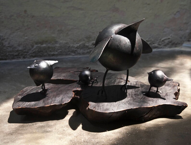 Metal sculpture on wood base iron birds mother and childs | Etsy