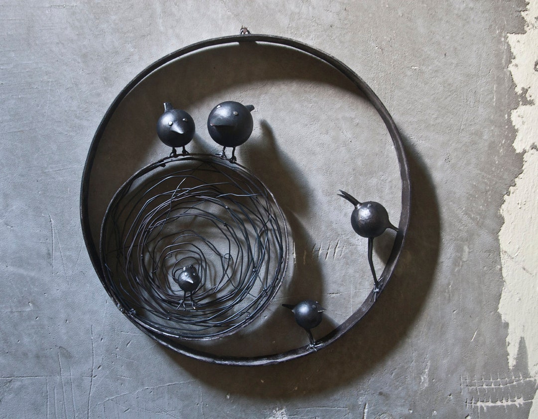 Industrial Metal Round Wall Sculpture With 5 Birds. Original Piece by ...