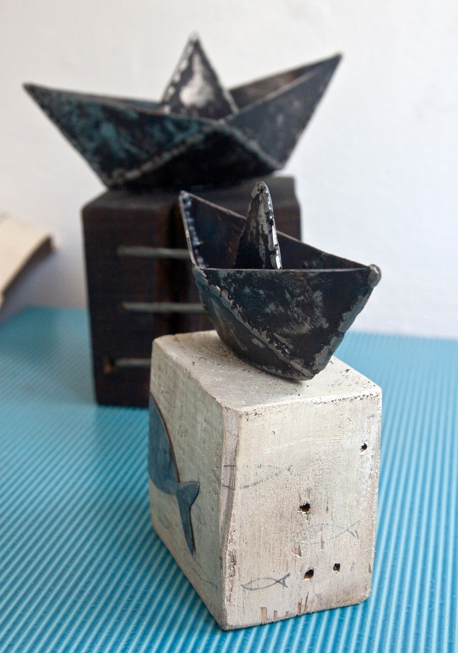 Metal Boat and Fish Origami Paper Boat Style on Wood Base - Etsy