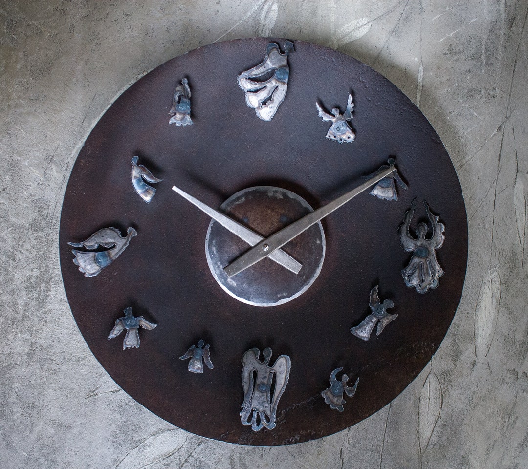 Large Round Metal Industrial Wall Clock With Angels, Made by the Steel ...