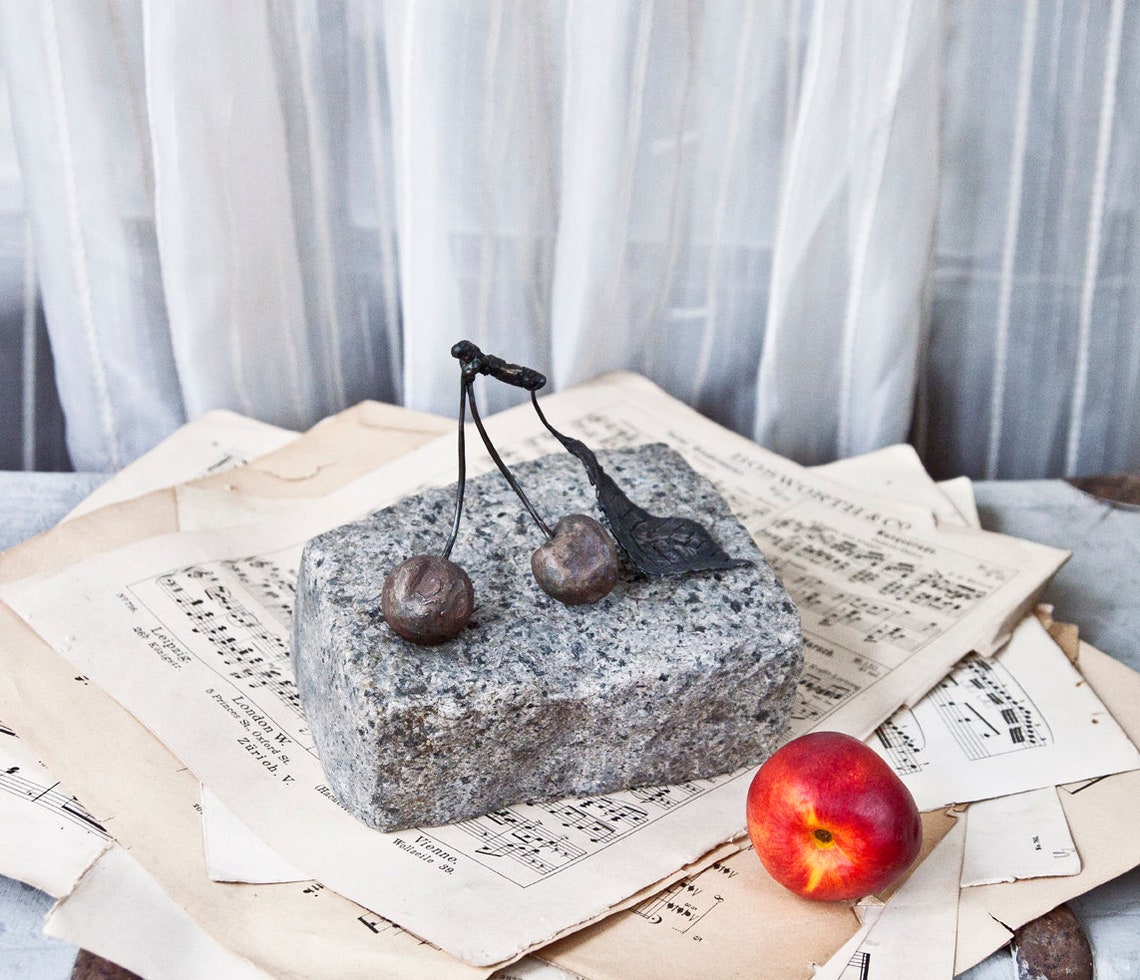 Stunning Paperweight Metal Cherries on Stone Base Sculpture - Etsy