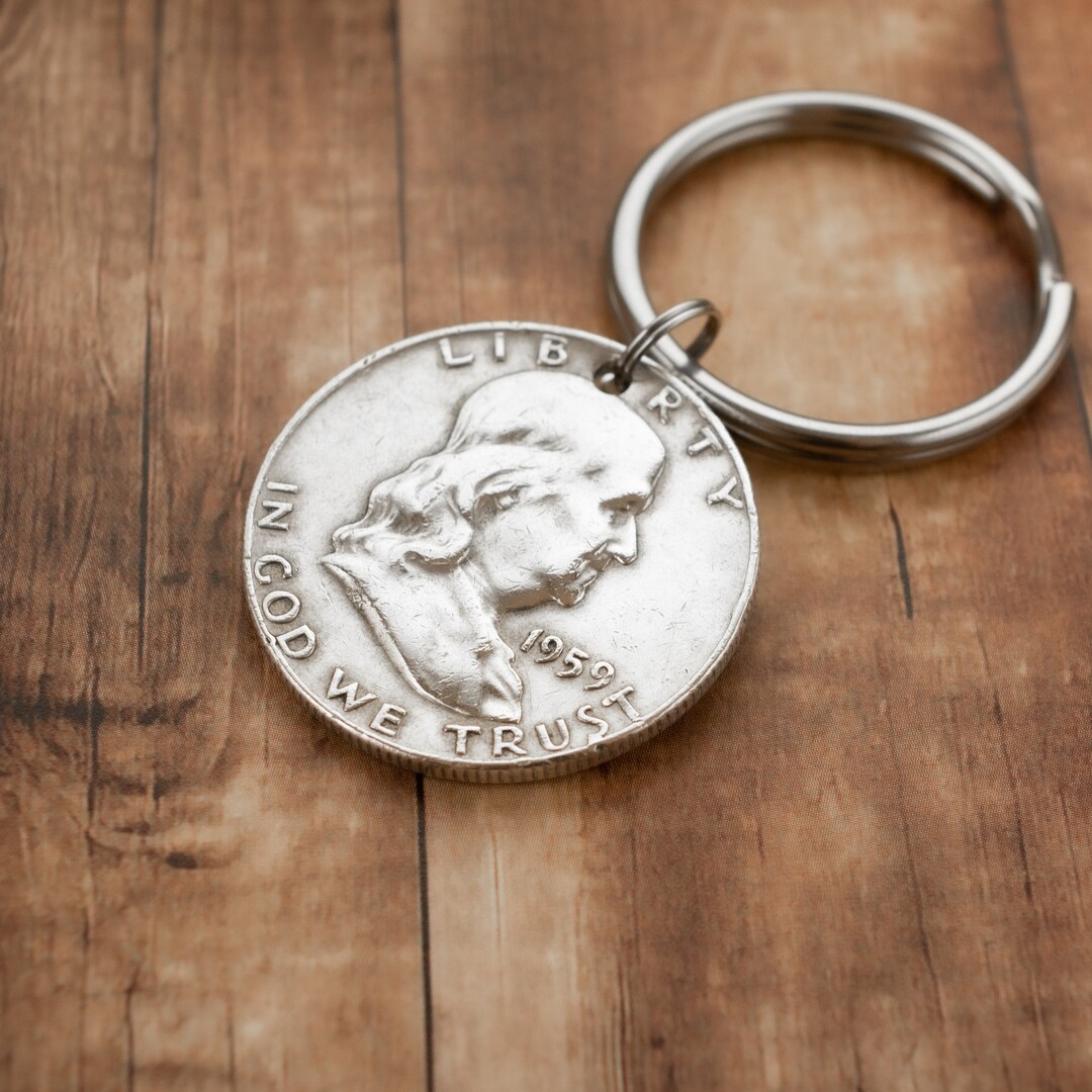 1959 Silver Half Dollar Keychain, 65th Birthday Gift for Men ...