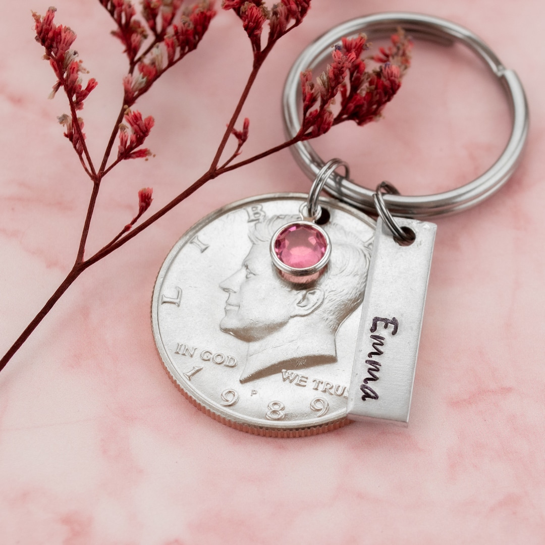 1991 Half Dollar Coin Keychain With Personalized Name, 35th Birthday ...