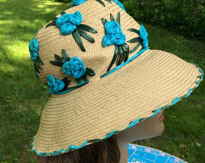 Vintage Embroidered Straw Hat 60s Sun Hat Raffia Flowers Retro Beach ...