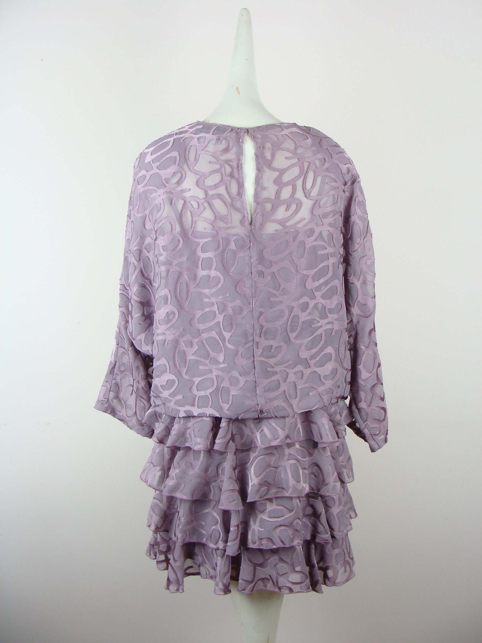 Vintage Ruffle Dress 80s Sheer Batwing Sleeve Tiered Ruffle Skirt ...