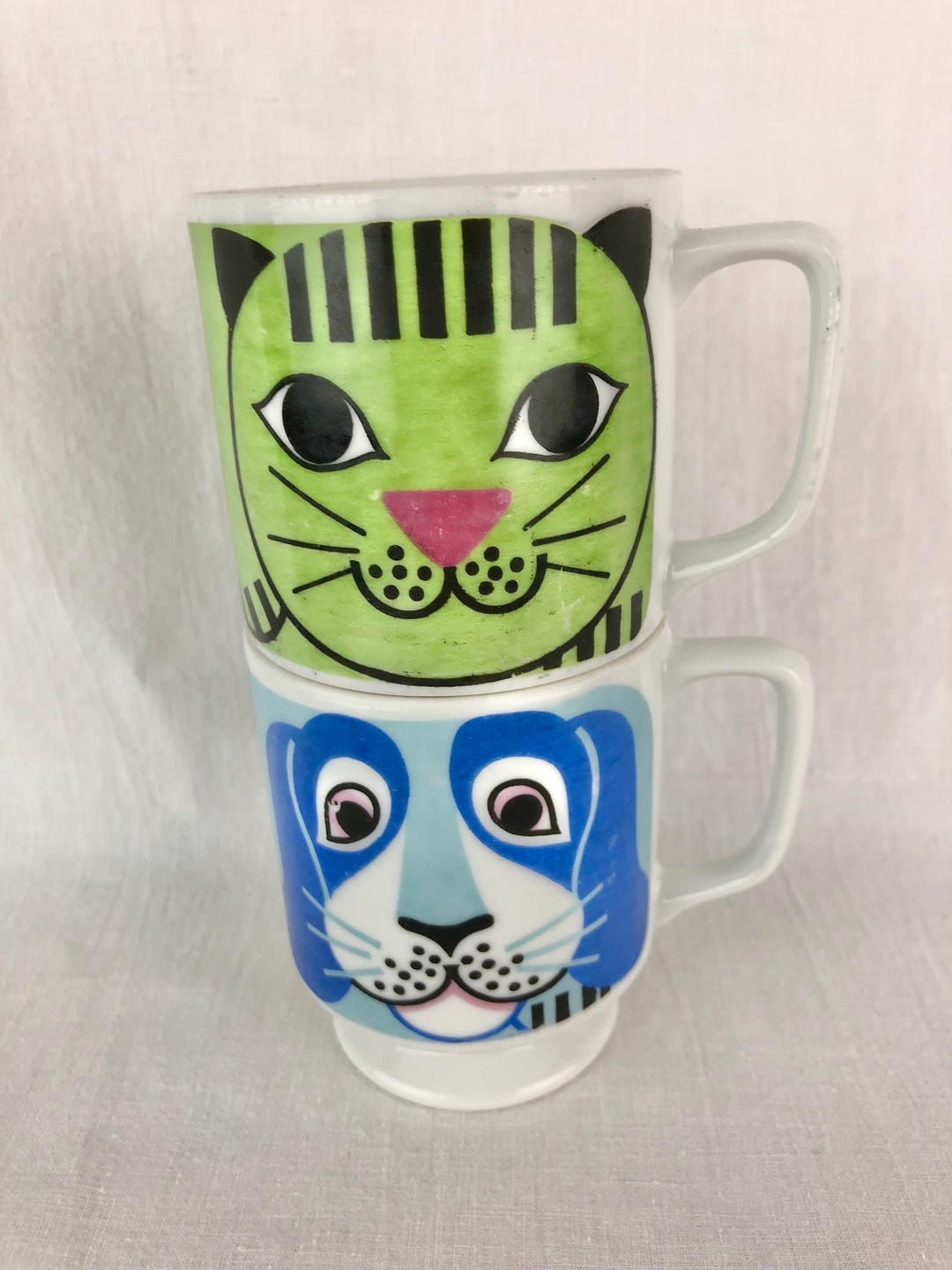 Vintage Dog and Cat Mugs 60s Retro Pedestal Stackable Mugs Japan Cute ...