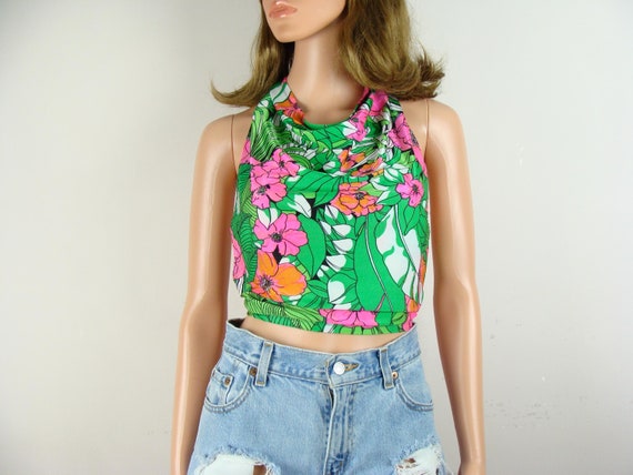 Vintage Halter Top 70s Handmade Tropical Floral Print… - Gem