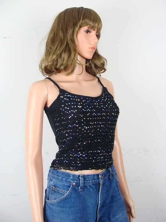 Y2K Crop Top, 2000s Glitter Top, Black Sparkly Tank … - Gem