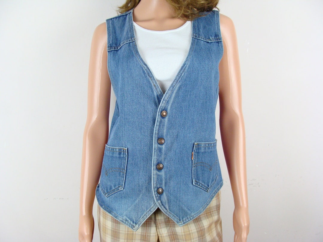 Vintage Levis Denim Vest 70s Orange Tab Made in USA Medium Light Wash Snap Front Western Style ...