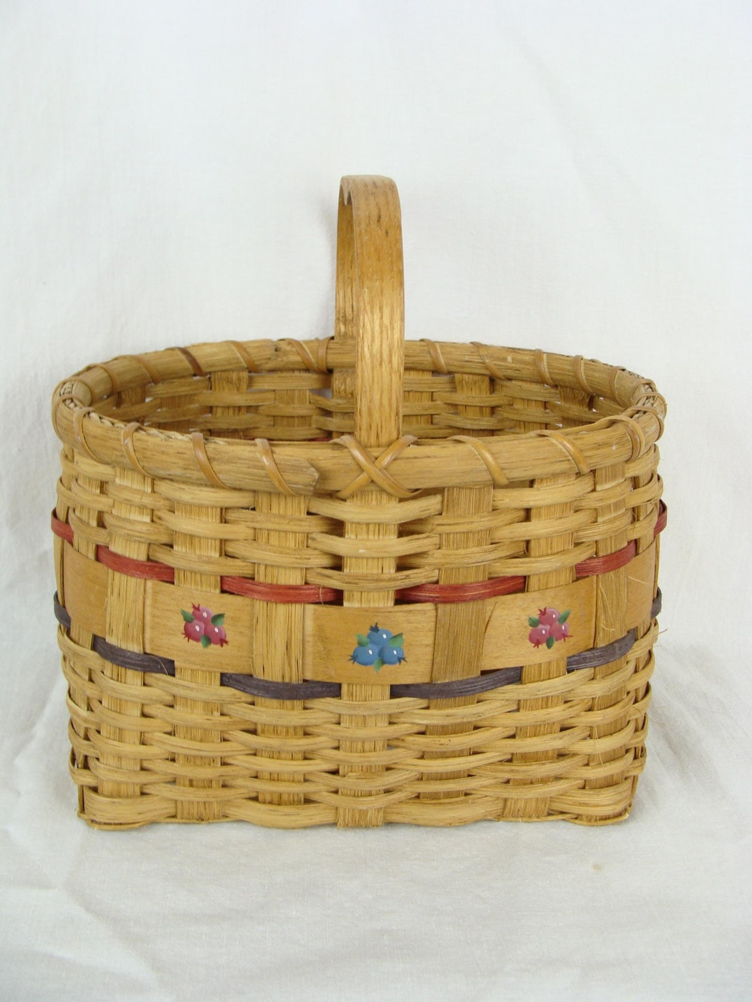 Vintage Woven Basket 90s Hand Painted Wooden Handle Berry Designs ...