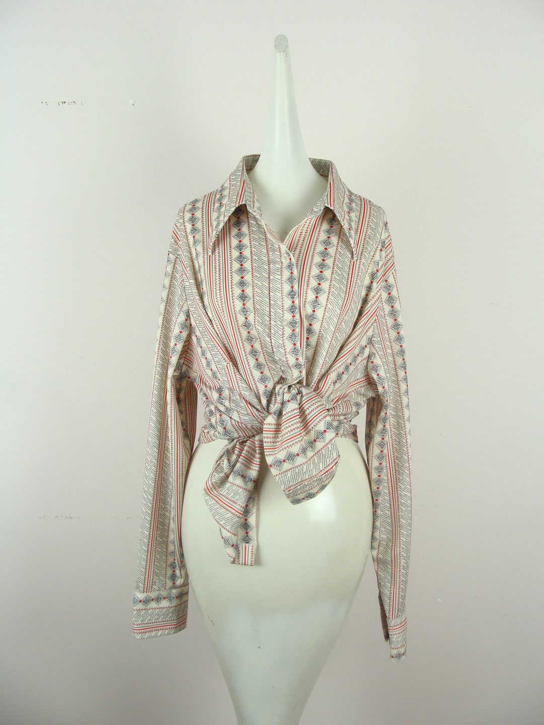 Vintage Button Down Shirt 70s Disco Collar Printed Blouse Top 1970s ...