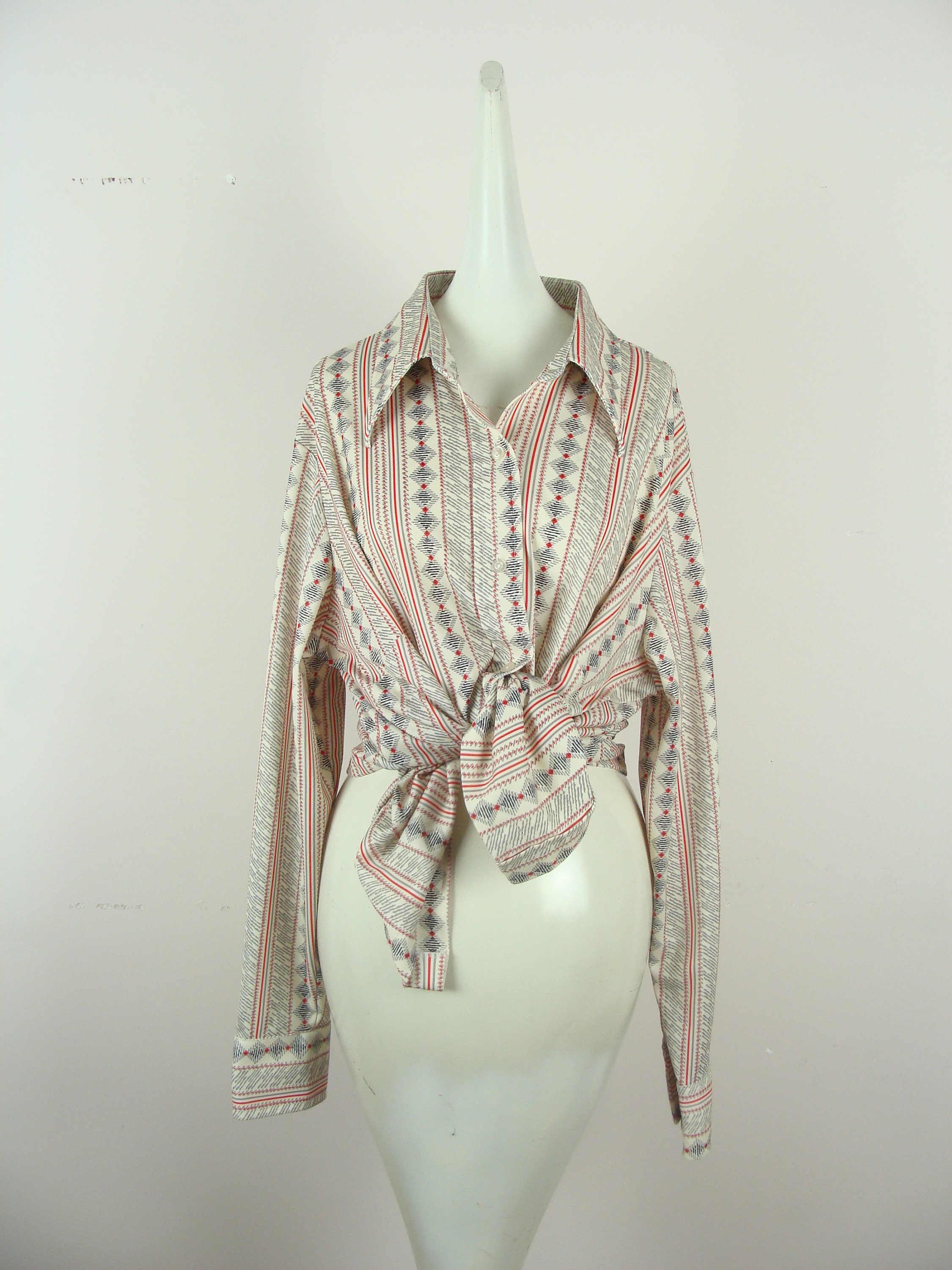 Vintage Button Down Shirt 70s Disco Collar Printed Blouse Top | Etsy