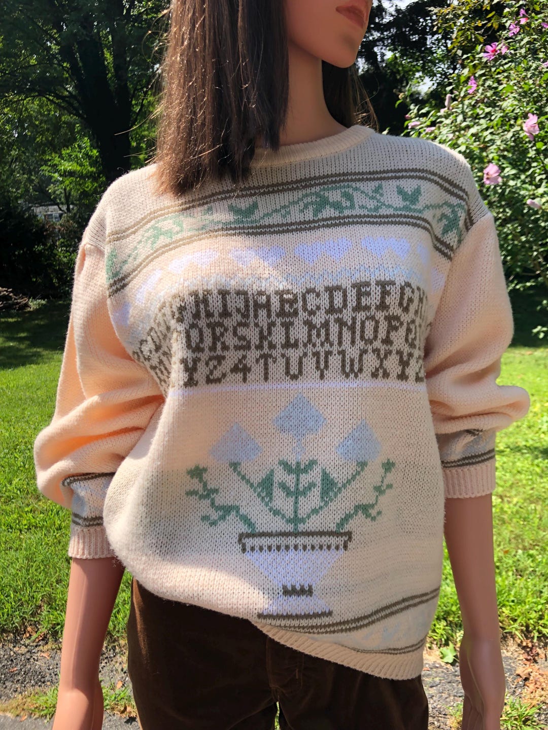 Vintage Letter Sweater 80s Knit Alphabet Flowers Slight Puff Sleeve ...
