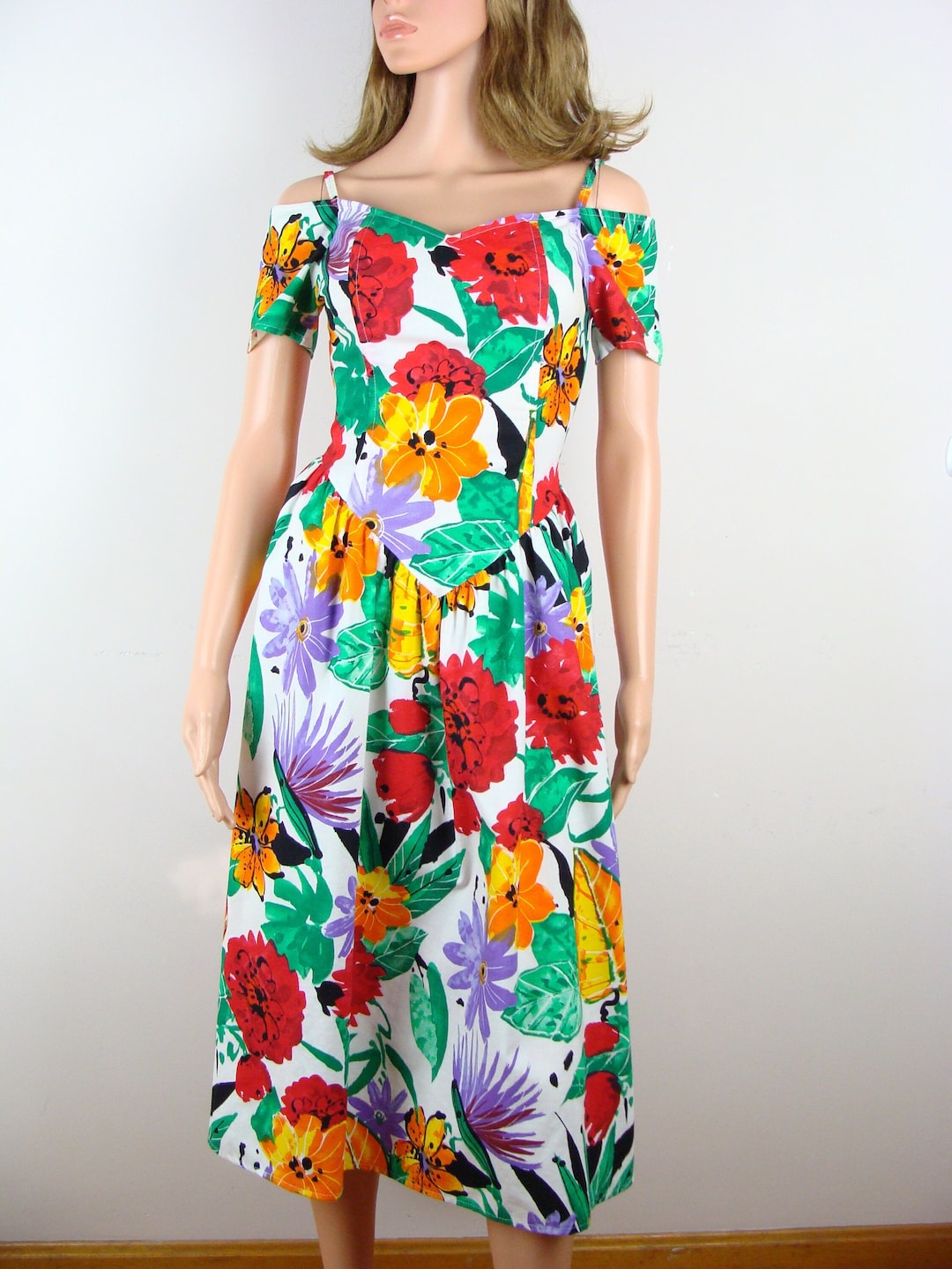 Vintage off the Shoulder Dress 80s Tropical Floral Print Cotton Fit and ...