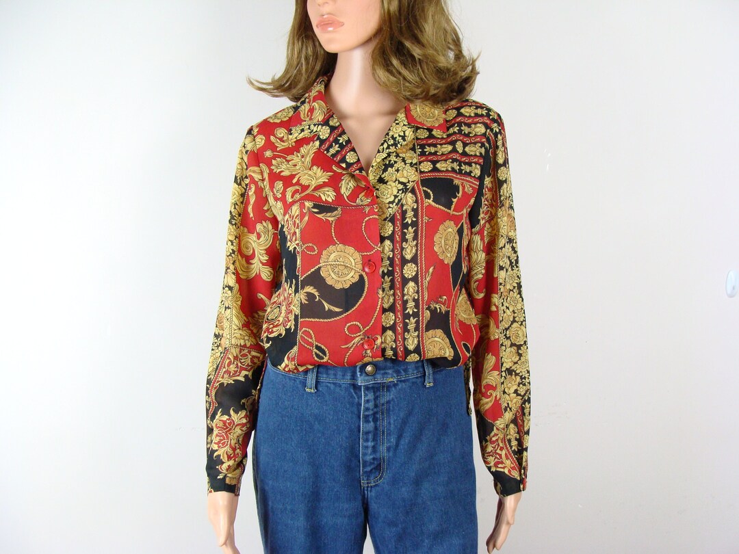 Vintage Baroque Bloue 80s Gantos Sheer Blouse 90s Long Sleeve Button ...
