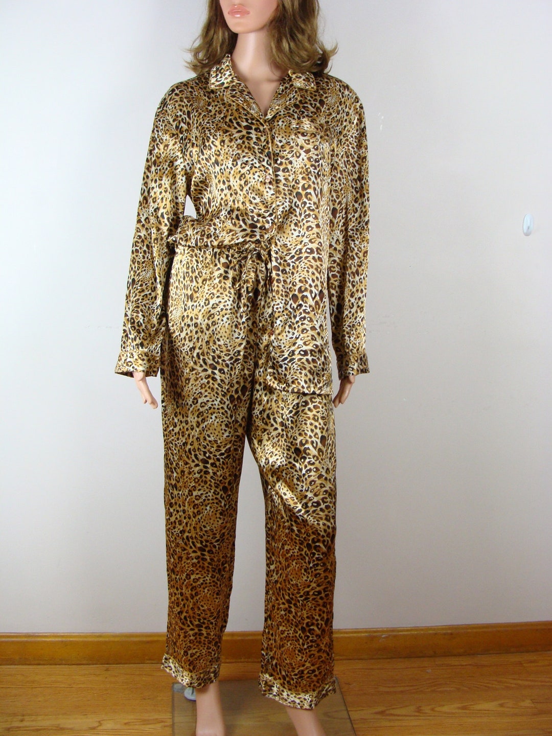 Vintage Satin Pajamas 90s Leopard Print 2 Piece Set Button Down Top ...