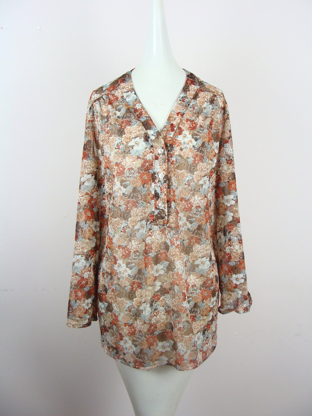 Vintage Sheer Top 70s Fall Floral Print Blouse Button Sleeve Tab 1970s ...