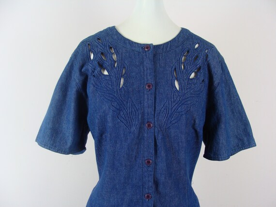 Vintage Denim Dress 80s Cutwork Embroidery Western St… - Gem