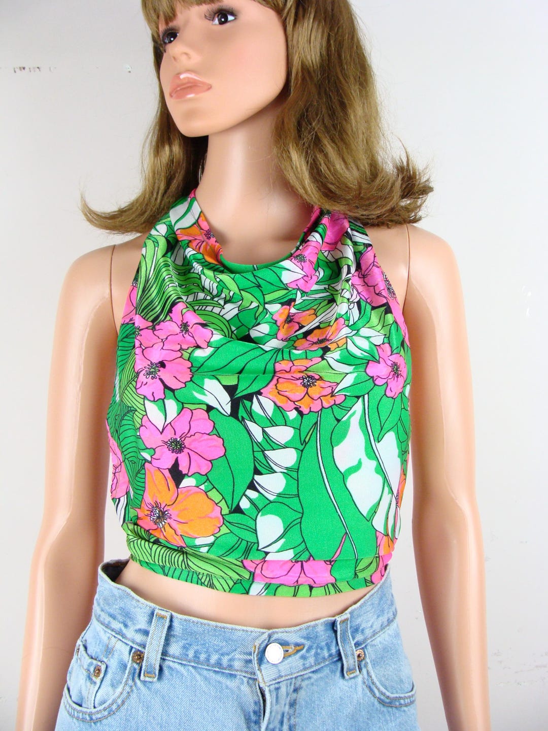 Vintage Halter Top 70s Handmade Tropical Floral Print Cowl Neck Tie ...