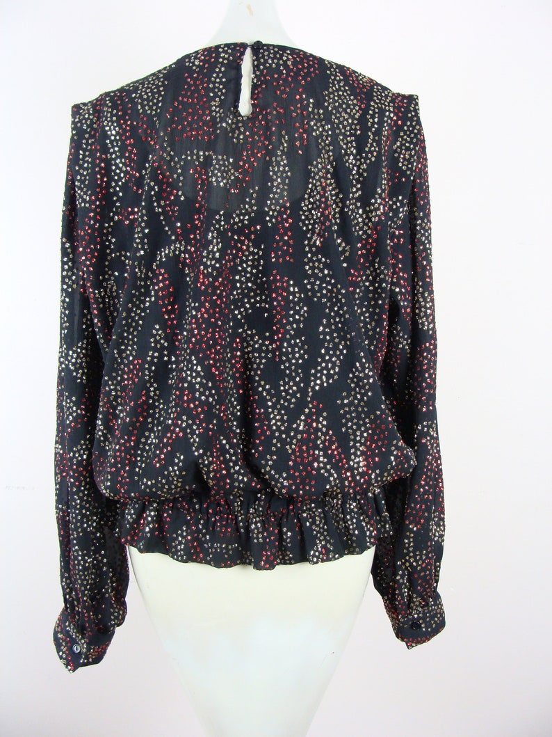 Vintage Glitter Top 80s Puff Sleeve Sparkly Blouse Elastic Waist Sheer ...