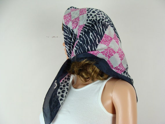 Vintage Silk Scarf 70s Oversized Fashion Scarf Black … - Gem