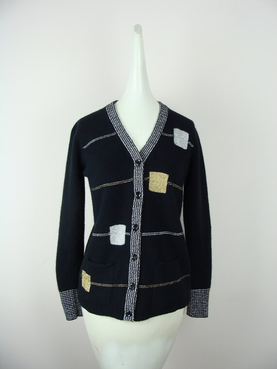 Vintage Cardigan Sweater 70s Lurex Metallic Thread V-… - Gem