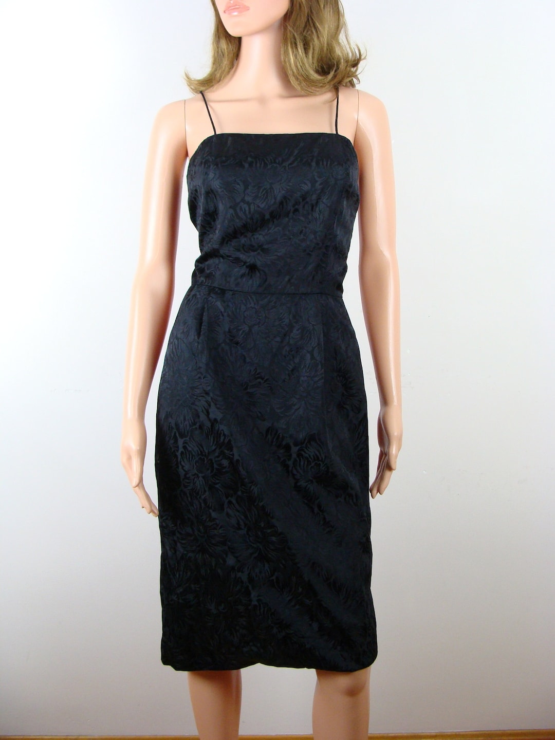 Vintage Black Wiggle Dress 60s Damask Floral Little Black Dress ...