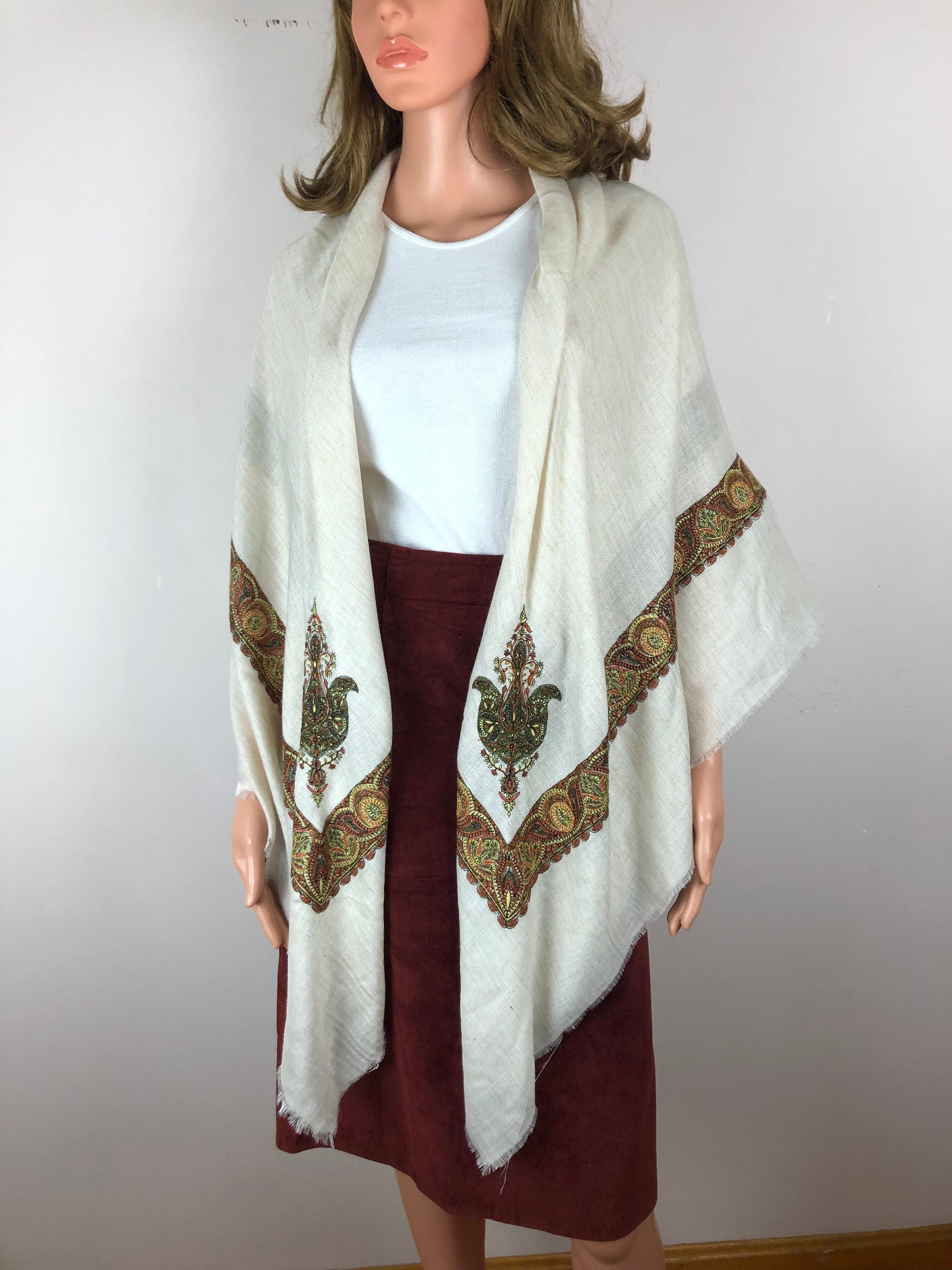 Vintage Hand Embroidered Shawl Wrap Kashmiri Sozni Super Soft Pashmina ...