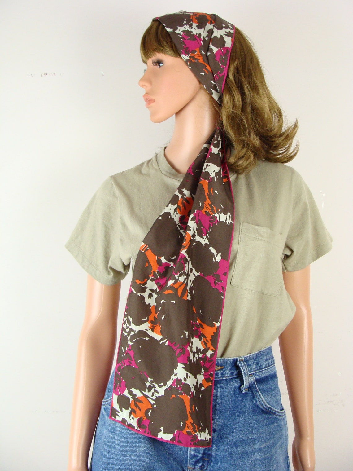 Vintage Silk Scarf 70s Abstract Floral Print Oblong Fashion Scarf Multi ...