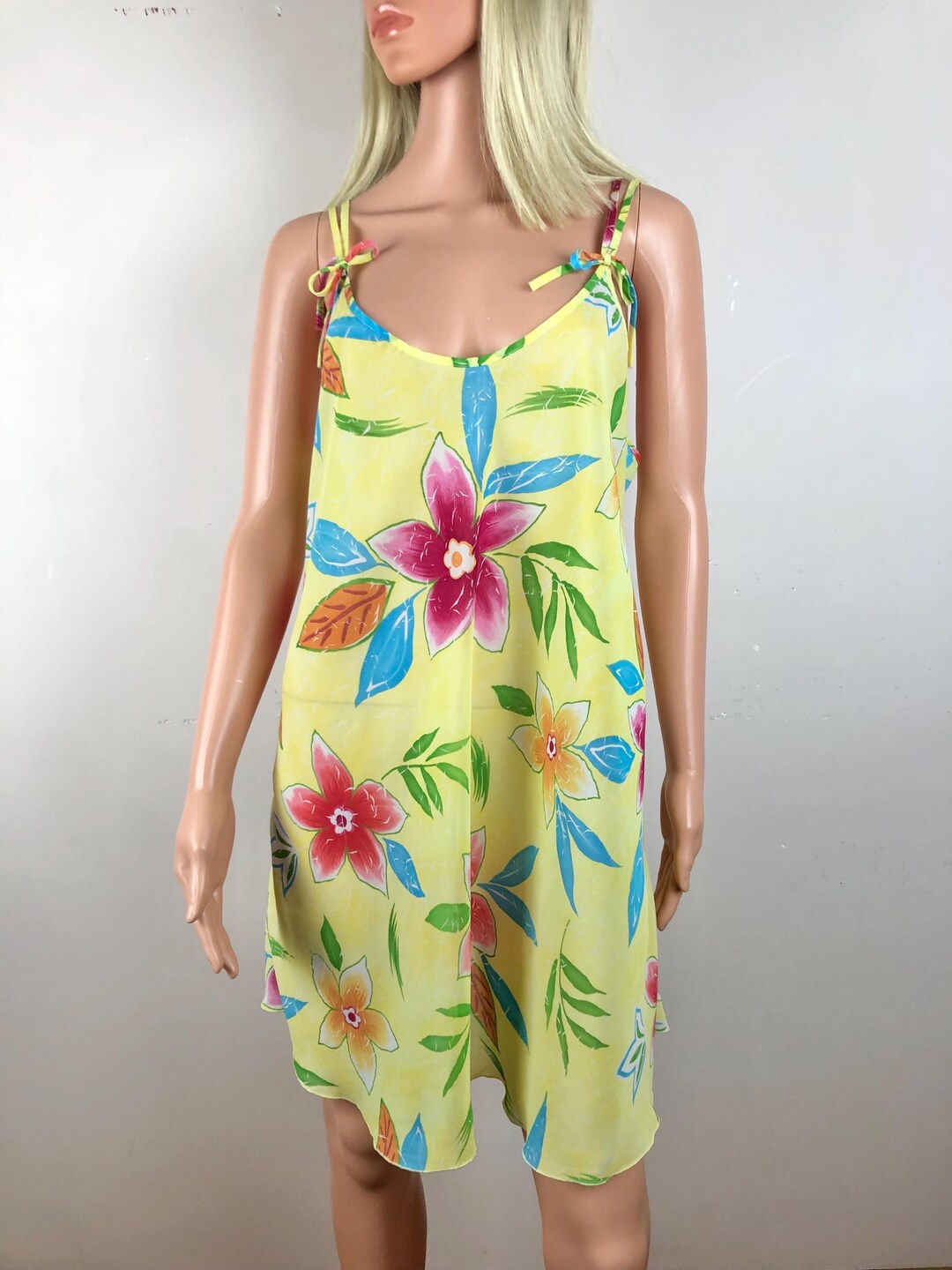 Vintage Tropical Floral Nightgown Cover up 90s Sheer Flowy Knee Length ...