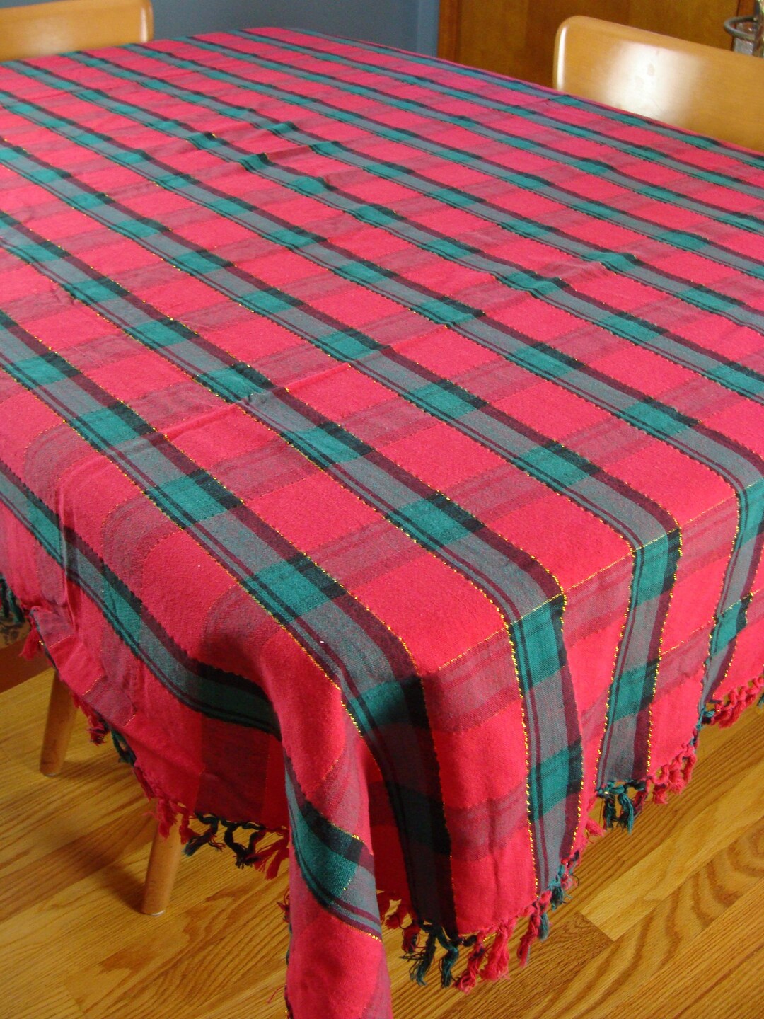 Vintage Christmas Tablecloth 80s Woven Cotton Plaid Red Green Metallic ...