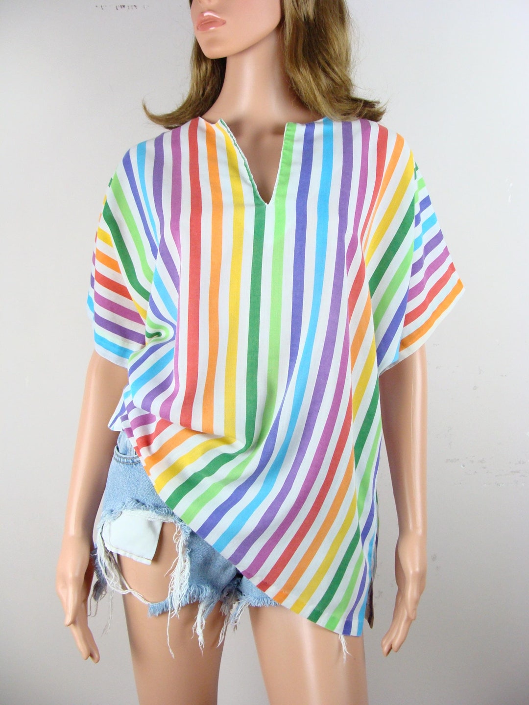 Vintage Rainbow Stripe Blouse 70s Colorful Lightweight 80s Woven Top ...