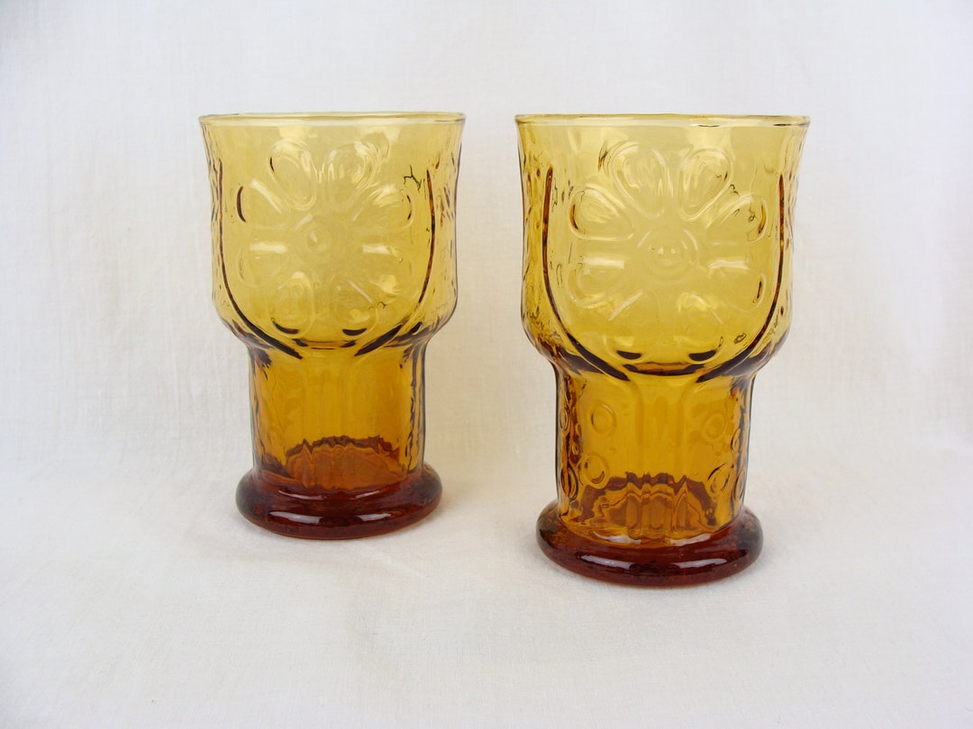 Vintage Libbey Country Garden Daisy Glasses 70s Amber Colored Glass Set ...