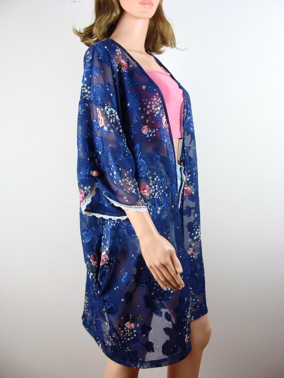 Vintage Sheer Robe Layering Piece 90s Floral Print La… - Gem
