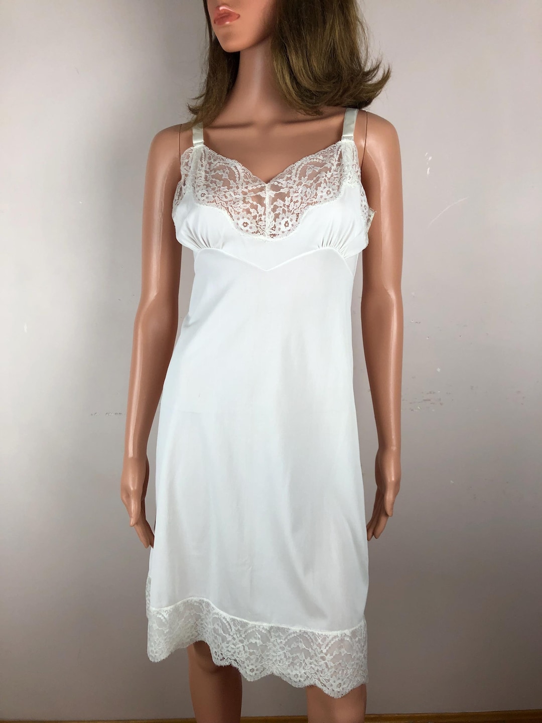 Vintage Dress Slip 60s Lace Trim Perlcrest 34 Nylon White Knee Length ...