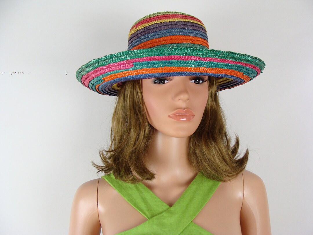 Vintage Rainbow Sun Hat 80s Woven Straw Beach Hat Colorful Retro ...