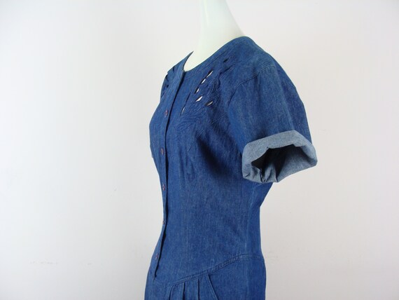 Vintage Denim Dress 80s Cutwork Embroidery Western St… - Gem