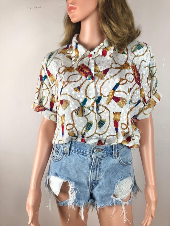 Vintage Baroque Blouse 90s Oversized Button Down Tass… - Gem